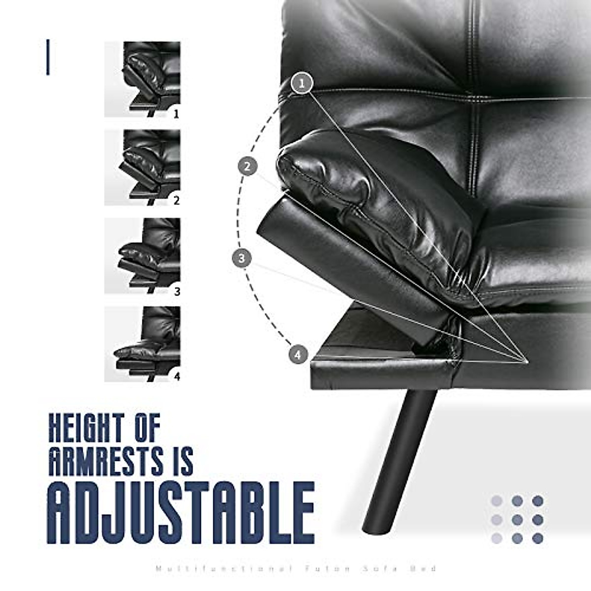 IULULU Futon Sofa Bed Faux Leather Couch with Adjustable Armrests, Modern Industrial Sleeper Daybed for Small Spaces, Living Room, Compact Apartment, Office, House, Condo, Loft, Bungalow, Black