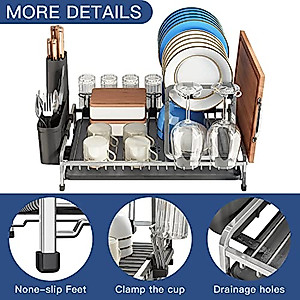 Dish Drying Rack, Aluminum 2-tier Multifunctional 7-in-1 Dish Racks for Kitchen Counter with Drainboard, Rustproof Detachable Large Capacity Dish Drainer with Wine Glass Holder, Utensil&knife Holder