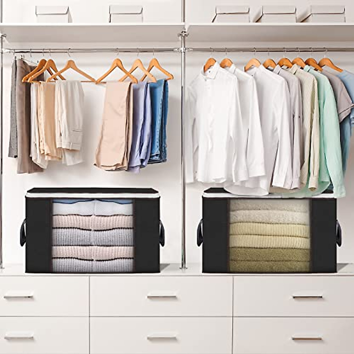 6 Pack Large Storage Bags 90L & 6 Pack Underbed Storage, Clothes Storage Bins Foldable Closet Organizers with Durable Handles with Clear Window for Clothes Pillow Blankets Bedding