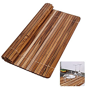 HTB Over Sink Dish Drying Rack 17.8'' x 16.1, Kitchen Teak Wood Roll Up Dish Drying Rack for Dishes,Plates, Bowls, Wooden Sink Cover for Counter Space