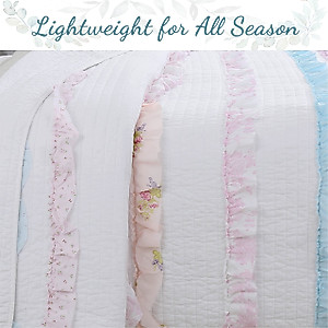 Cozy Line Home Fashions Light Pink Blue Coral White Ruffle 100% Cotton Reversible Girl Quilt Bedding Set, Reversible Coverlet Bedspread (Shabby Chic, Queen - 3 Piece)