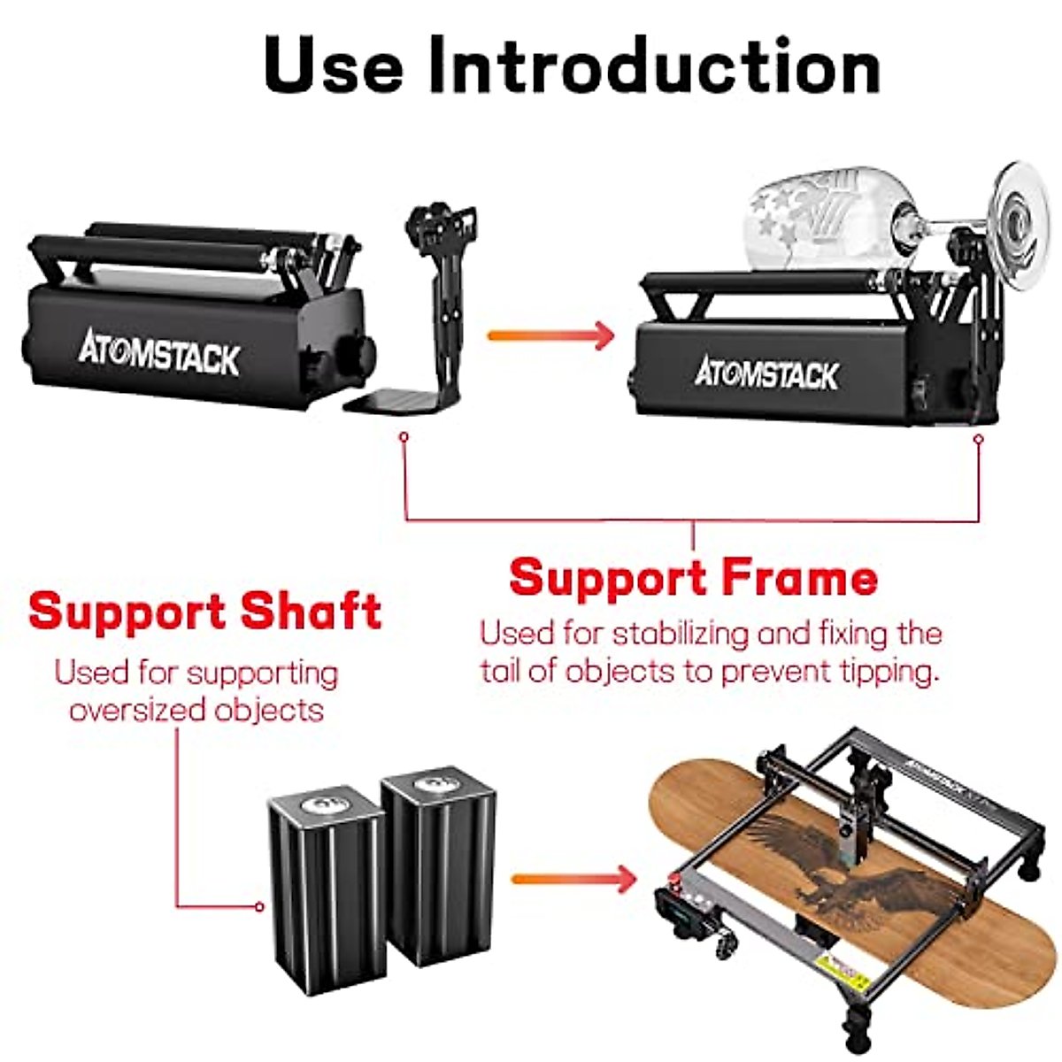 ATOMSTACK R3 Pro Laser Rotary Roller, Engraving Auxiliary Module for Laser Engraver, 360° Y-axis Rotating Roller for Carving of Goblet/Cylindrical/Round/Oversized Objects (R3 Pro Rotary Roller)