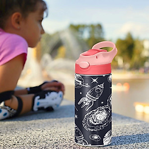 Blueangle Kids Insulated Water Bottle with Straw Lid - 12oz Double Wall Vacuum Travel Tumbler Stainless Steel Reusable Cartoon Planet Stellar Rocket Kids Cup for School Boy Girl（523）