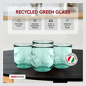 Amici Home Vino Stemless Wine Glasses | 12 Oz | Italian Made, Recycled Green Glass | Cute Water Tumblers for Wine, Beer, Juice, Cocktails, Fresh Drinks (Set of 4)