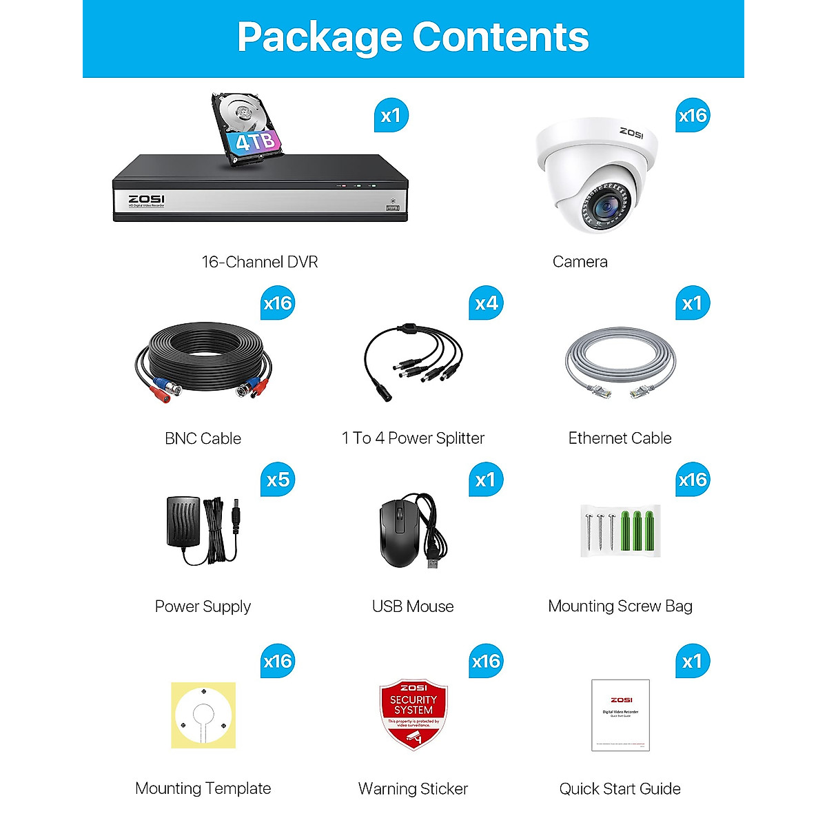 ZOSI H.265+ 1080p 16 Channel Security Camera System with AI Human Vehicle Detection, 16CH CCTV DVR and 16 x 1080p Indoor Outdoor Dome Camera, 80ft Night Vision, 105° View Angle, Alert Push, 4TB HDD