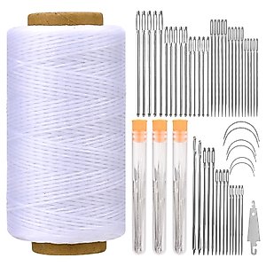 Leather Sewing Waxed Thread，Waxed Thread Cord 273 Yards，Wax String Set with 50 PCS Hand Sewing Needles，Flat Wax Thread for Book Binding,Leather DIY Project （OriginalWhite）