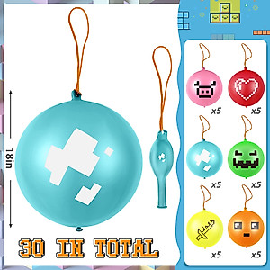 30 Pcs Pixelated Punch Balloons Colorful Latex Punch Ball Miner Video Game Party Favors Bounce Balloons with Rubber Band Handle for Birthday Party
