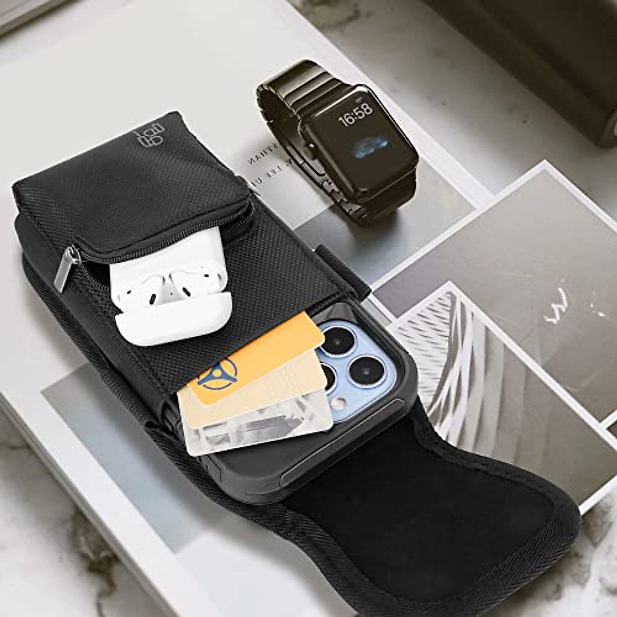 Perilogics Phone Holster with Magnetic Cover. Belt Clip Pouch for iPhone 15 Plus, 15 Pro Max, 14 Plus, iPhone 14 Pro Max, 13 Pro Max with Phone Case Installed. Zipper Storage and Credit Card Pocket