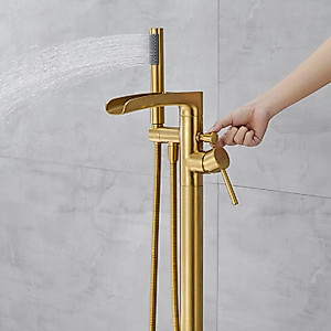 Qinkell Freestanding Tub Faucet Waterfall Bathtub Filler Brushed Gold Floor Mount Brass Bathroom Faucets with Hand Shower