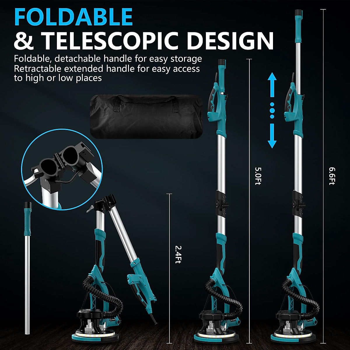 Drywall Sander, 1250W 11.5-Amp Electric Drywall Sander with Vacuum, Popcorn Ceiling Removal Tool with Variable Speed 800-1800RPM, Foldable & Extendable Handle, LED Light, 18pcs Sanding Discs