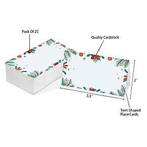 Table Place Card, Christmas Themed Tent Style Cards, Pack of 25 Half-Fold Reception Place Card, Perfect for Christmas Party, Wedding, Bridal &amp; Baby Shower, Birthday, Banquet and Special Events A16