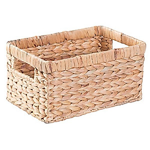 Natural Woven Water Hyacinth Wicker Rectangular Storage Bin Basket with Handles, Small