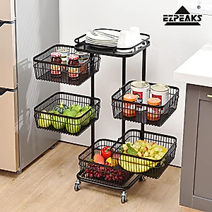 EZPEAKS 6-Tier Black Steel Kitchen Storage Tower Rounded Square Basket Shelves Organizer on Rolling Wheels with Detachable Drawers for Fruit Vegetable Grocery Spice (34.18” H, 13.39” W, 13.39” L)