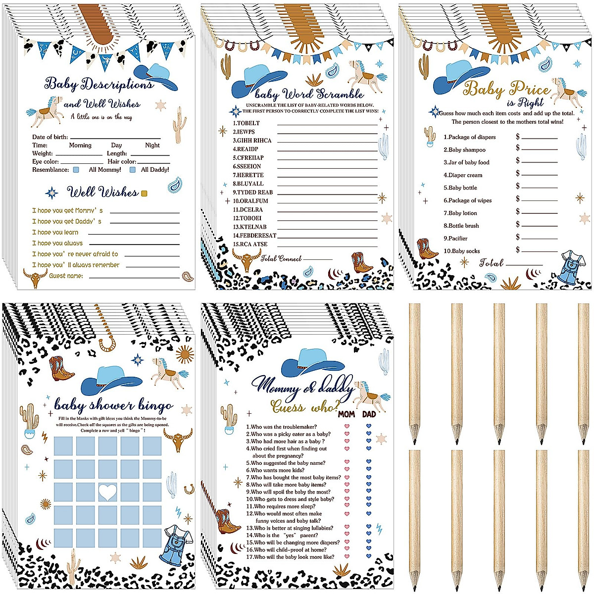 145 Pcs Baby Shower Games for Boy or Girl 5 Game Activities Card with 20 Pencils Include Baby Shower Bingo, Guess Who, Description and Well Wishes, Word Scramble Game (Cowboy Style)