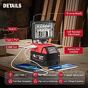 Ecarke LED Work Light Portable Flood Light for Milwaukee M18 18V Lithium Battery with USB&TYPEC Outdoor Charge &Low Voltage Protection Plate,20W Cordless Handheld Work Light Flashlight Tools(Upgraded）