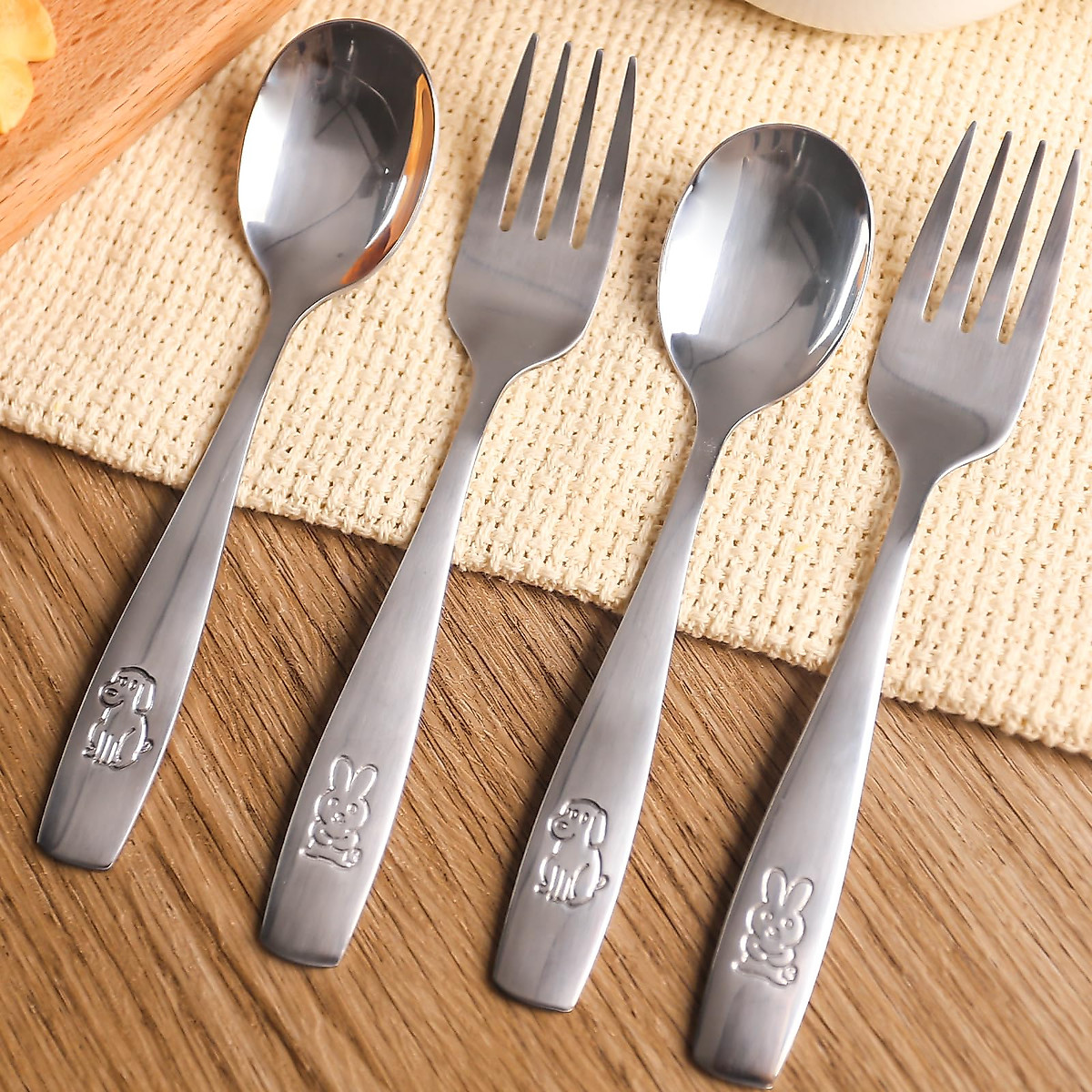 HANSGO 12PCS Children Safe Forks and Spoons, Silverware for Kids Cutlery Set Toddler Utensils Stainless Steel Tableware with Bunny and Puppy Motifs