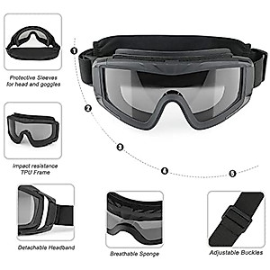 Xaegistac Airsoft Goggles, Tactical Safety Goggles Anti Fog Military Eyewear with 3 Interchangable Lens for Paintball Riding Shooting Hunting Cycling (Black)