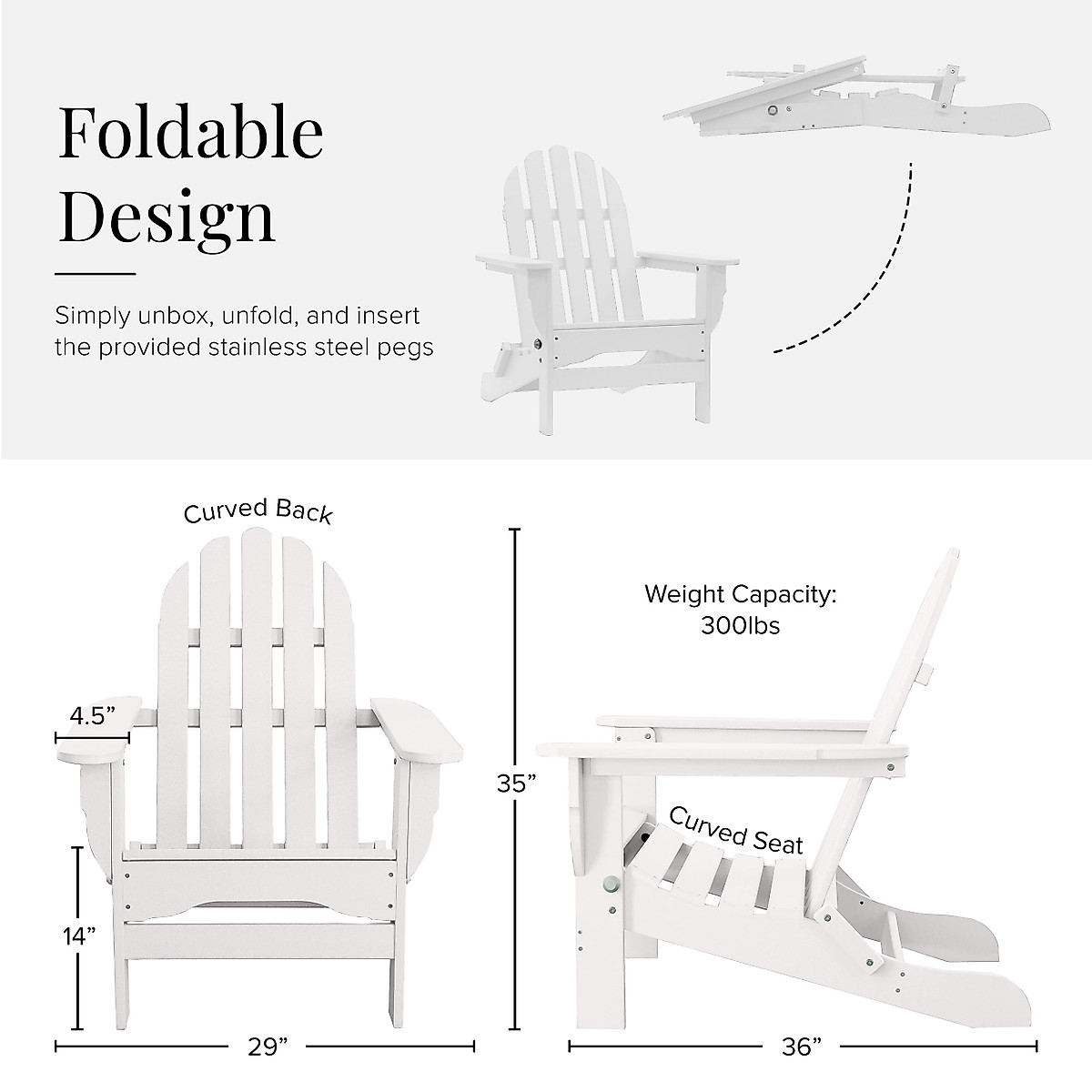 DuroGreen Folding Adirondack Chairs Made with All-Weather Tangentwood, Set of 2, Oversized, High End Patio Furniture for Porch, Lawn, Deck, or Fire Pit, No Maintenance, USA Made, White