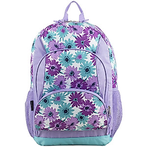 Eastsport Multi Pocket Backpack, 18” Triple Compartment Book Bag w/Adjustable Padded Straps - Purple Flowers