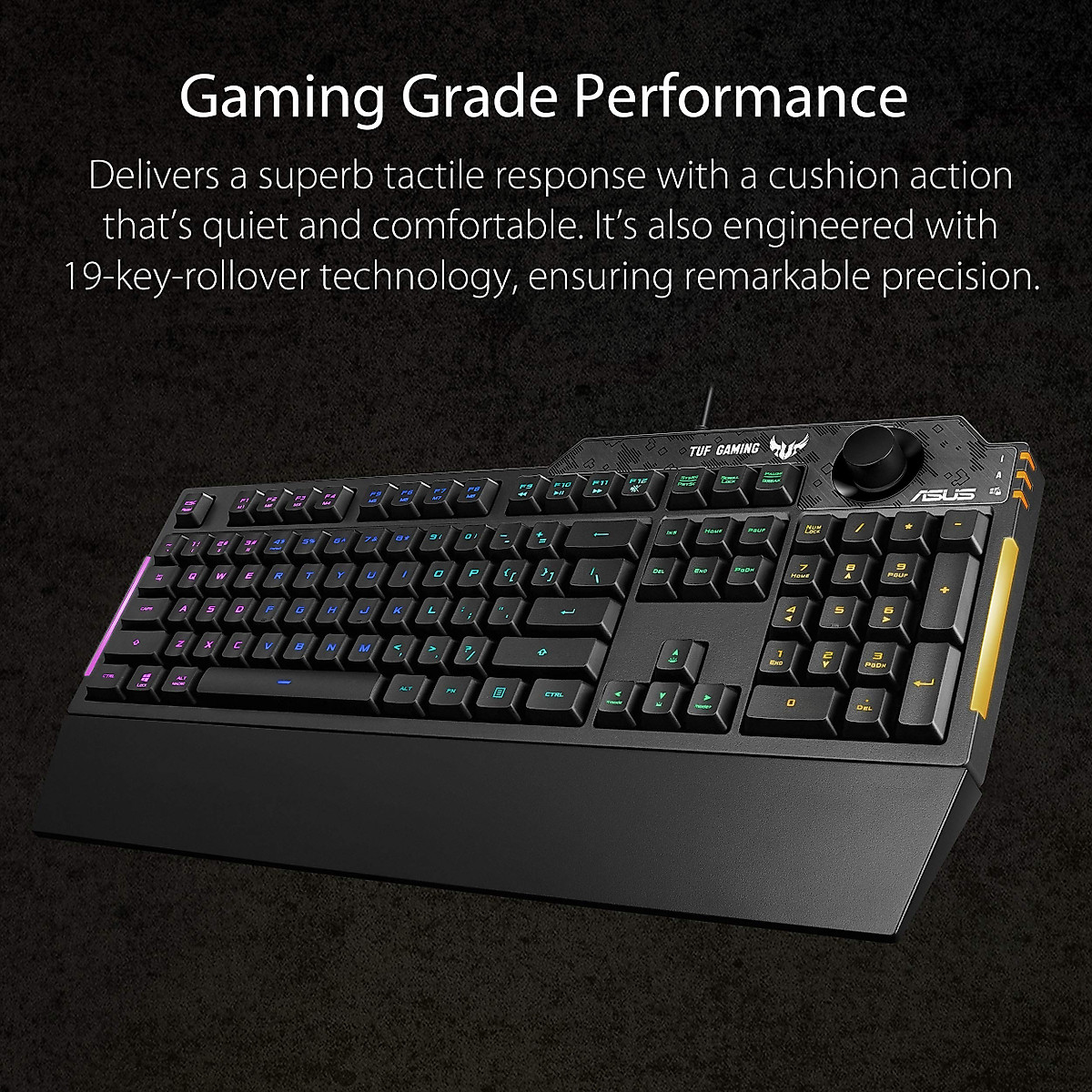 ASUS Membrane Gaming Keyboard for PC - TUF K1 | Programmable, Onboard Memory | Dedicated Volume Knob, Aura Sync RGB & Side Lighting | Detachable Wrist Rest | Spill-Resistant | Highly Durable | Black