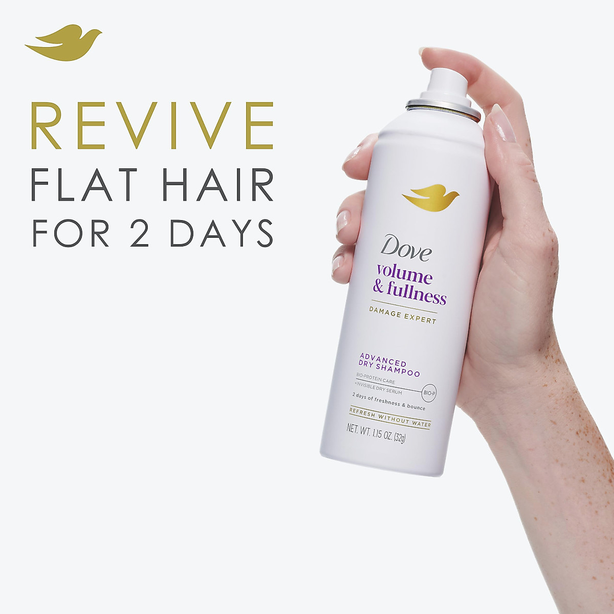 Dove Advanced Dry Shampoo Volume & Fullness Refresh & Revive Flat Hair Without Water for 2 Days of Freshness & Bounce 1.15 oz