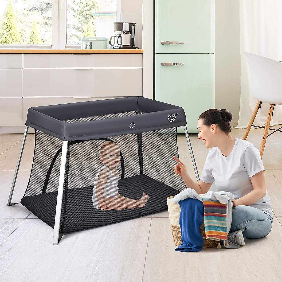 BABY JOY Baby Foldable Travel Crib, 2 in 1 Portable Playpen with Soft Washable Mattress, Side Zipper Design, Lightweight Installation-Free Home Playard with Carry Bag, for Infants & Toddlers (Grey)