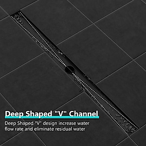 Neodrain 24-Inch Black Linear Shower Drain with Removable Quadrato Pattern Grate,304 Stainless Steel Rectangle Shower Floor Drain, Black Linear Drain Leveling Feet,Hair Strainer,Matte Black