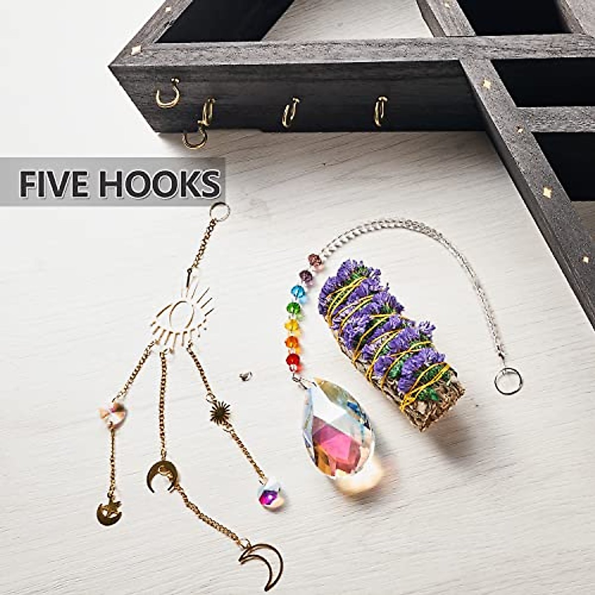 Sysnocon Triangle Crystal Shelf Display with Hooks, Moon Shelf for Witchy Room Decor Triangle Shelf for Crystal Stones Display, Crystal Holder Crystal Organizer Shelf for Living Room, Bed Room