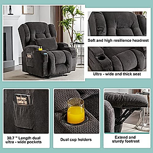 OQQOEE Power Lift Recliner Chair with Massage and Heat for Elderly/Adults, Lift Chairs Movable Recliner Chair with Wheels, Comfy Velvet Lazy Sofa Reclining for Living Room with Cup Holders/Remote/USB