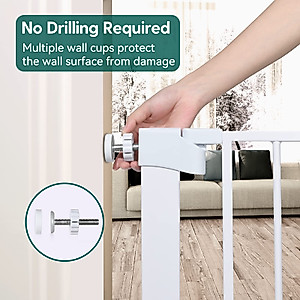 BABELIO 26-32 Inch Easy Install Narrow Pressure Mounted Metal Baby Gate, No Drilling, No Tools Required, with Wall Protectors and Extenders (White)