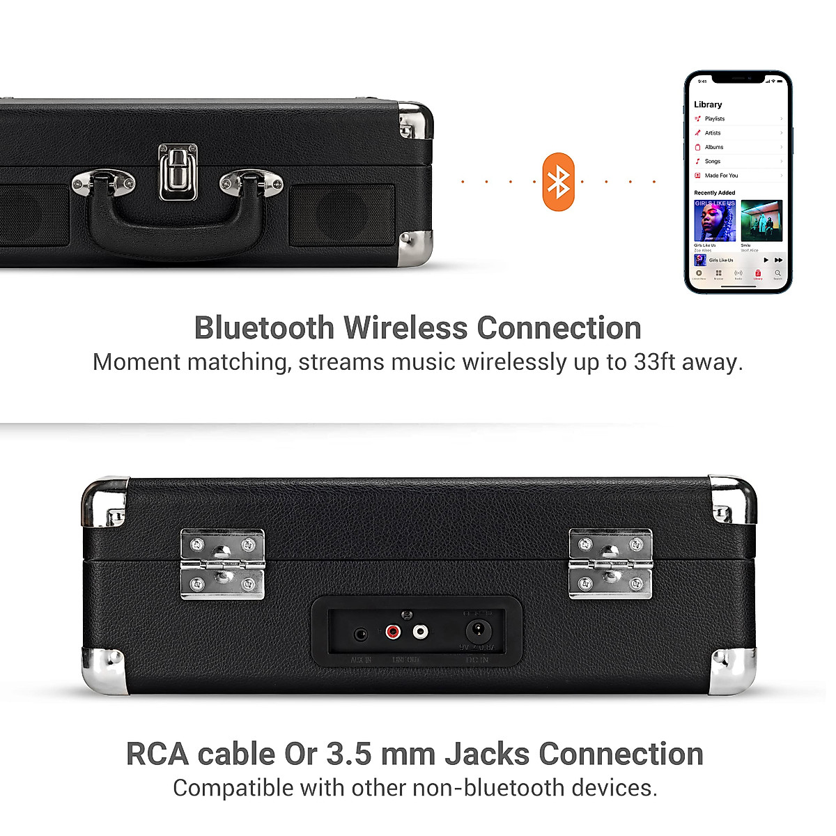 Bluetooth 3-Speed Record Player, ByronStatics Smart Portable Wireless Vinyl Turntable Built in Stereo Speakers Suitcase Record Player with Extra Stylus, RCA Line out Aux in - Black