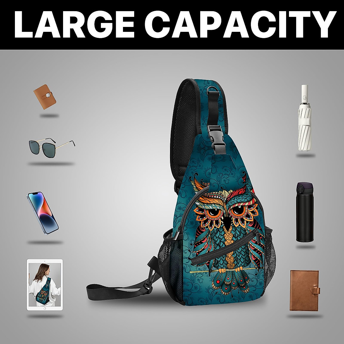 Yrebyou Owl Sling Bag Travel Sling Backpack Casual Shoulder Daypack Waterproof Sport Climbing Runners