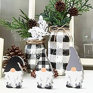 3pcs Black&White Gnome Wooden Sign Plaid Gnome Wooden Freestanding Table Decoration Double Printed Gnome Tabletop Centerpiece Ornament for Home Party Desk Office Decoration