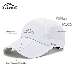ELLEWIN Unisex Baseball Cap UPF 50 Unstructured Hat with Foldable Long Large Bill, A-white-ellewin Logo, M-L-XL