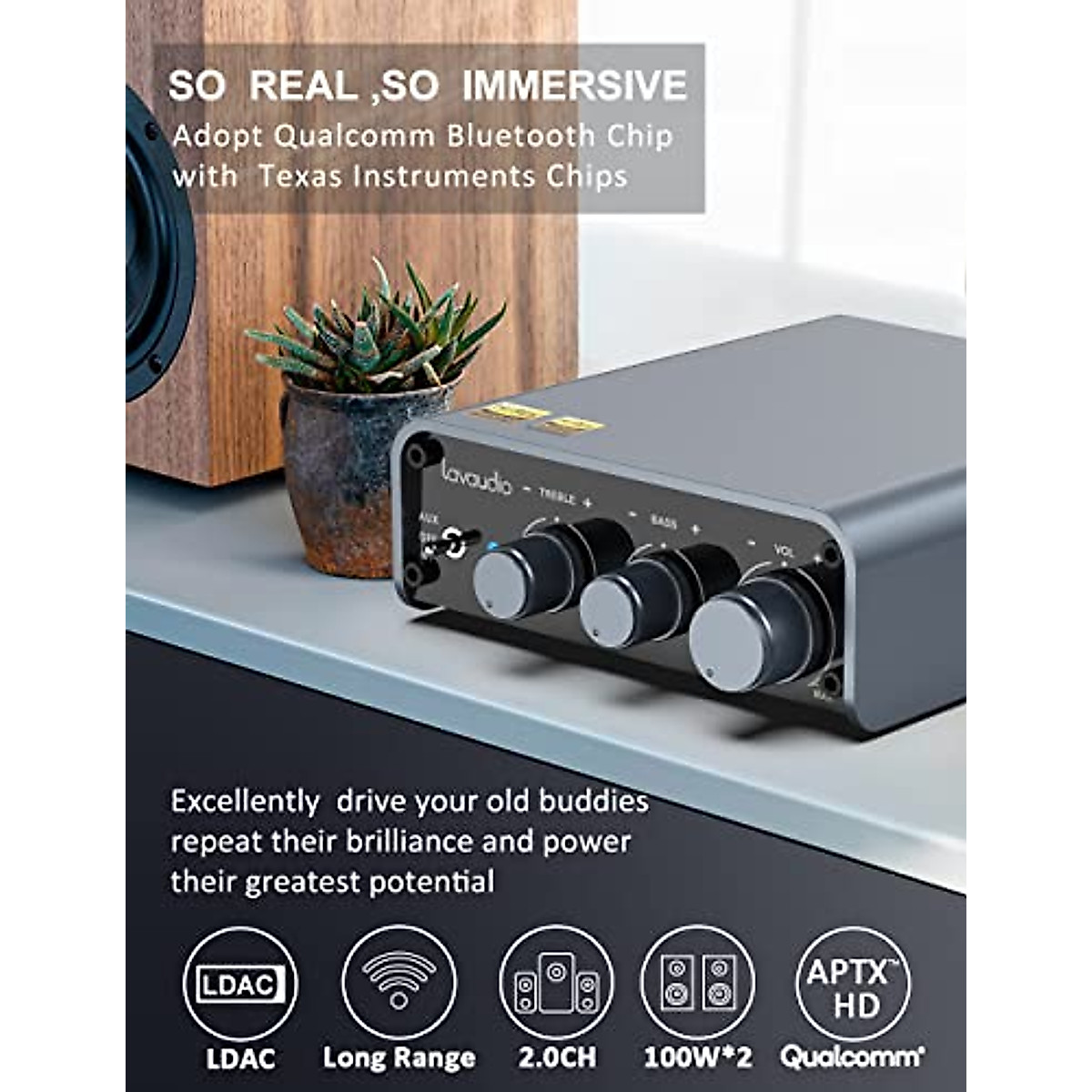 Lavaudio DS300 Bluetooth 5.1 Amplifier Receiver Home Stereo System Components - Mini Hi-Fi Class D Integrated Amp 2 Channel 100W×2 for Home Theater Audio