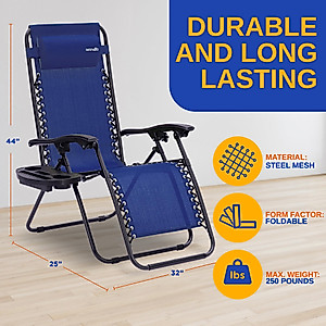 SereneLife SLZGHBLU29.5 Outdoor Adjustable Zero Gravity Lounge Chair Recliners with Plastic Cup Holder Side Table and Padded Headrest Pillows, 2 Pack, (Blue)