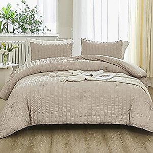Litanika Full Size Comforter Set Khaki, 3 Pieces Lightweight Seersucker Bedding Comforters Sets, Soft Bed Set (79x90In Comforter & 2 Pillowcases)