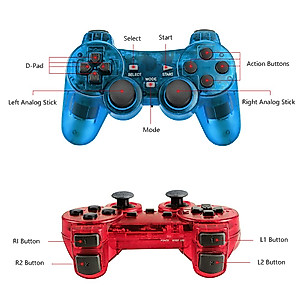 BicycleStore 2 Pack Controller for PS2 Playstation 2.4G Gamepad Joystick Remote with Shock Vibration (ClearBlue and ClearRed)