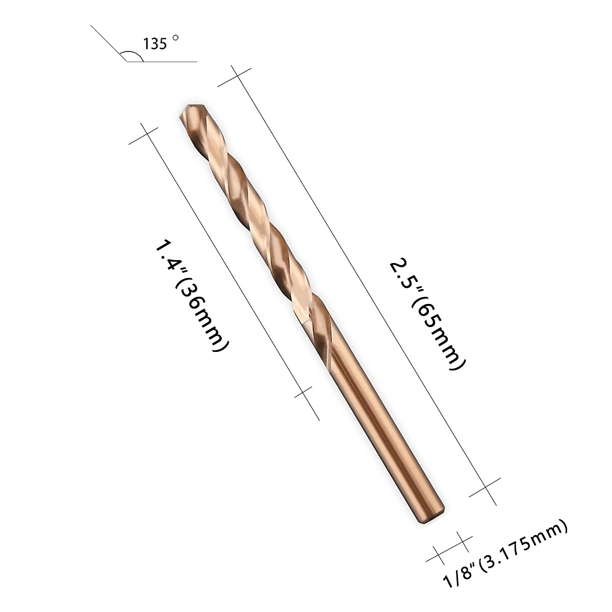 1/8" M35 Cobalt HSS Jobber Length Twist Drill Bit with Straight Shank,Heavy Duty, Pack of 10 PCS, Drilling for Cast Iron, Heat-Treated Steel, Stainless Steel and Other Hard Materials