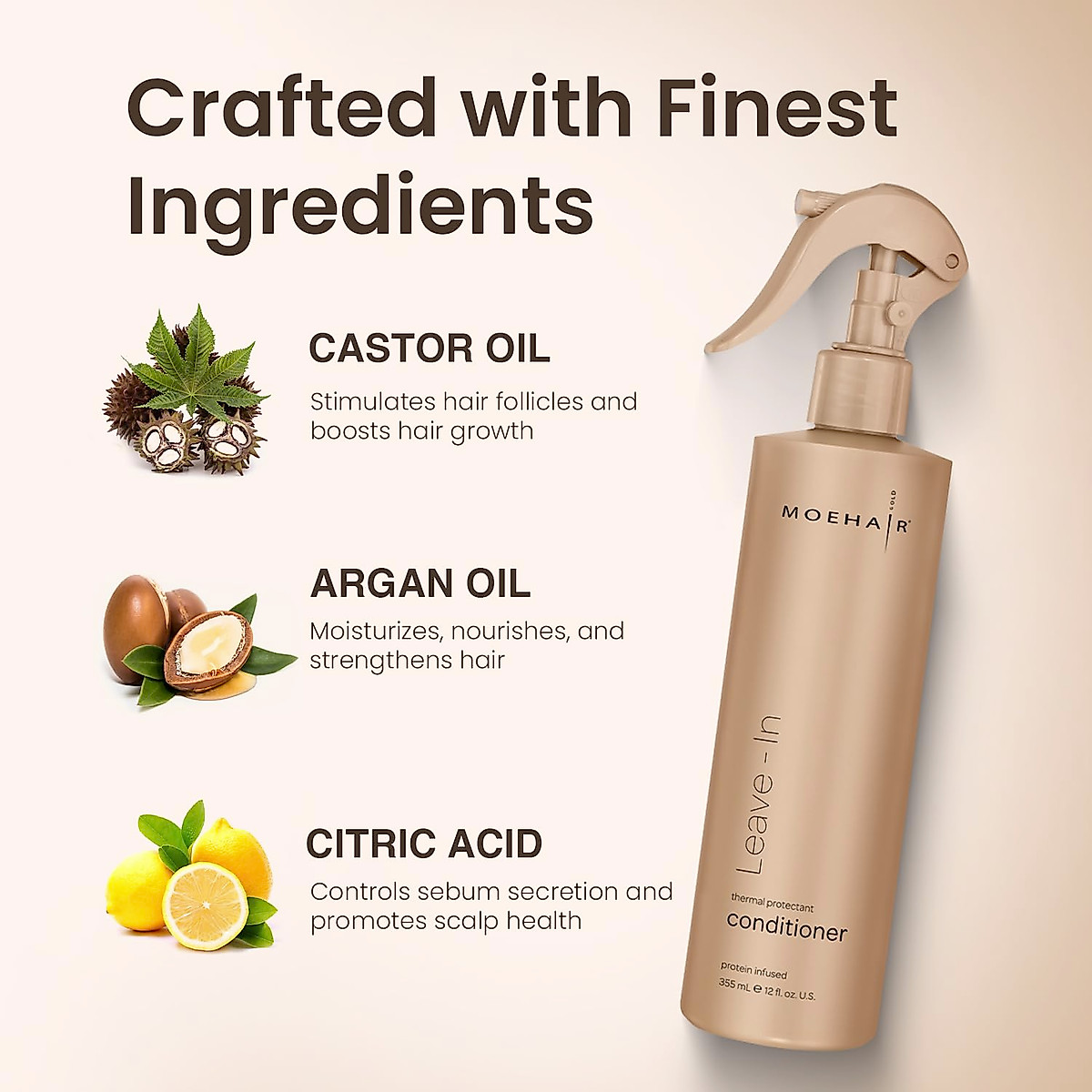 MOEHAIR Leave-in Conditioner (12 Fl. Oz.) | Infused with Proteins and Argan Oil | Curly Hair Detangler Spray For Women & Men | Hair Softener | Breakage and Split End Repair | Sulfate and Paraben Free