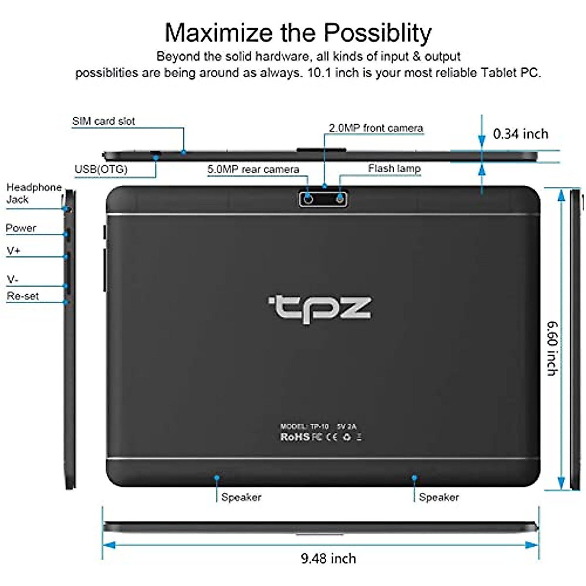 TPZ Tablet 10 inch, Android Tablets, Support 3G Phone Calls32GB, Dual SIM Card Slots & Cameras, WiFi, Google Certified, IPS HD Touchscreen, Bluetooth, 6000mAh Battery, GPS