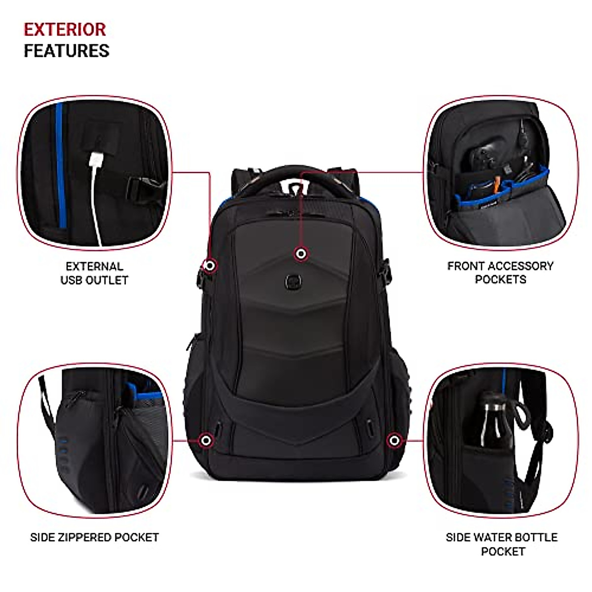 SwissGear Gaming Laptop Backpack with USB, Black/Blue, 19 Inch