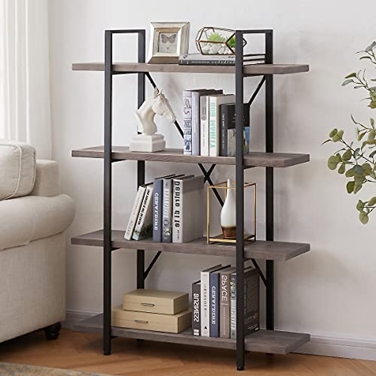 IBF Solid Wood Bookshelf, 4 Tier Natural Real Wood Bookcase, Modern Rustic Industrial Open Book Shelf, Tall Farmhouse Wooden Etagere Bookcase for Office Living Room Bedroom, Distressed Grey and Black
