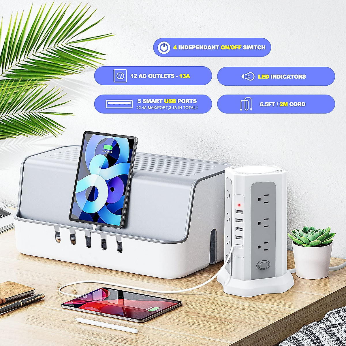 Power Strip Tower Surge Protector with 5 USB Ports, 12 Multiple Outlets, 6.5 FT Flat Plug Extension Cord, 13A 1050J Overload Protection, Desktop Charging Station for Home Office Dorm Room