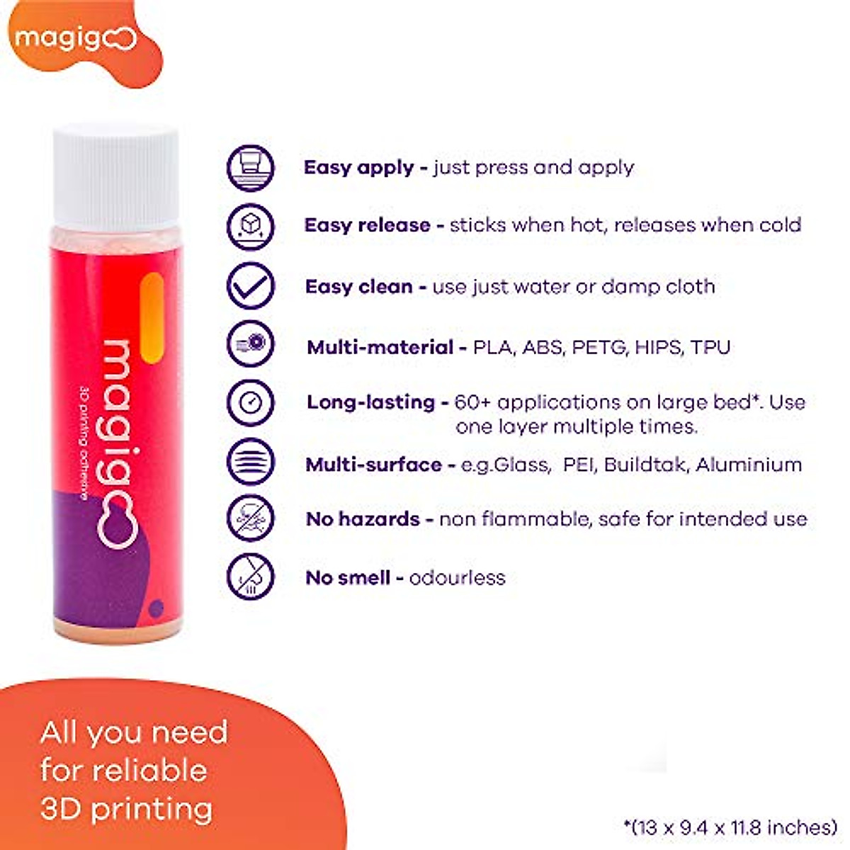 Magigoo MO2016 All-in-One 3D Printer Adhesive Glue, Reduces Warping for ABS, PLA, PETG, Hips and TPU Filament on Glass, PEI, Buildtak, Kapton 50ml, 1.69 fl. oz.