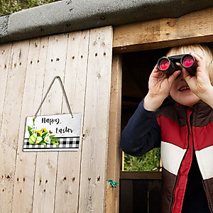 Easter Hanging Wall Sign, Decorative Slate Signs with Rope, Hanging Door Plaque for Porch/Entryway/Outdoor/Garden Home 5x8inch, Easter Eggs Flowers Leaves Butterflies Black and White Plaid