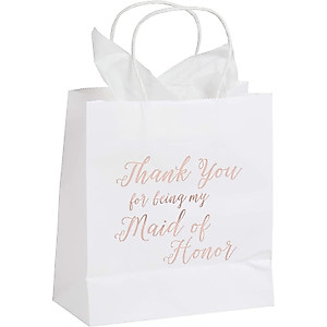 Juvale 11 Bridesmaid and 1 Maid of Honor Thank You Paper Gift Bag, Rose Gold Foil Text, Includes 20 Sheets of Tissue Paper, Perfect for Bridal Party Favors, White, 9 x 8 x 4 Inches