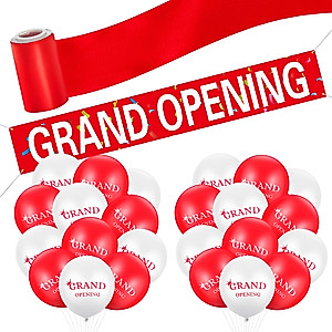42 Pieces Grand Opening Decorations Kit Includes 1.5 x 9.8 ft Grand Opening Banner 40 Balloons and Satin Ribbon for Events Inaugurations Ceremonies (Red, White)
