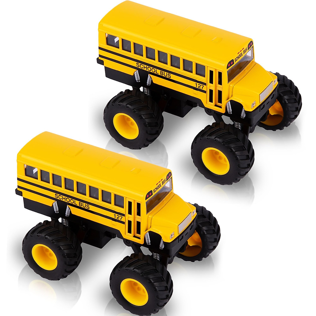 ArtCreativity 5 Inch Pull Back School Bus Toy Set - Set of 2 - Includes 5 Inch Monster-Wheel Bus, Diecast Bus Playset with Pull Back Mechanism, Great Gift Idea for Kids