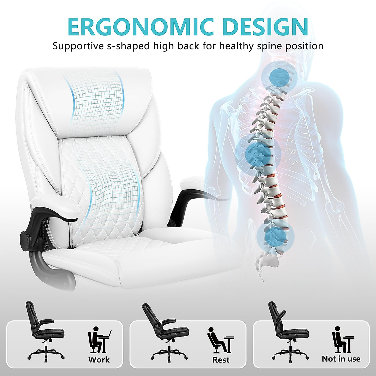 BestEra Office Chair, Executive Leather Chair Home Office Desk Chairs, Ergonomic Computer Desk Chair with Adjustable Flip-Up Arms, Lumber Support Swivel Task Chair with Rocking Function (White)